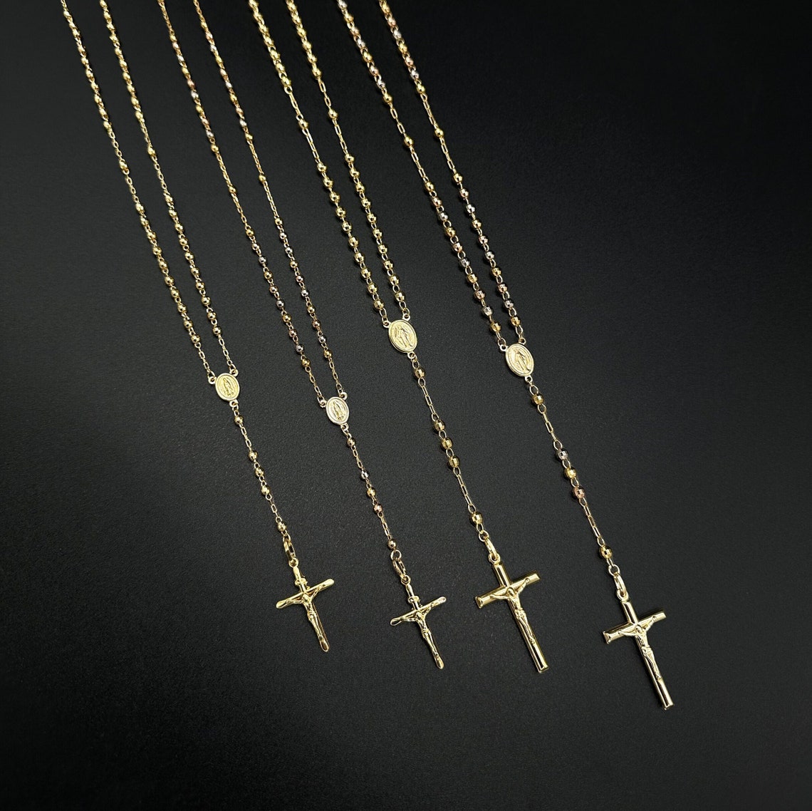 14K Solid Gold Rosary Beads Necklace Diamond Cut Cross - Etsy