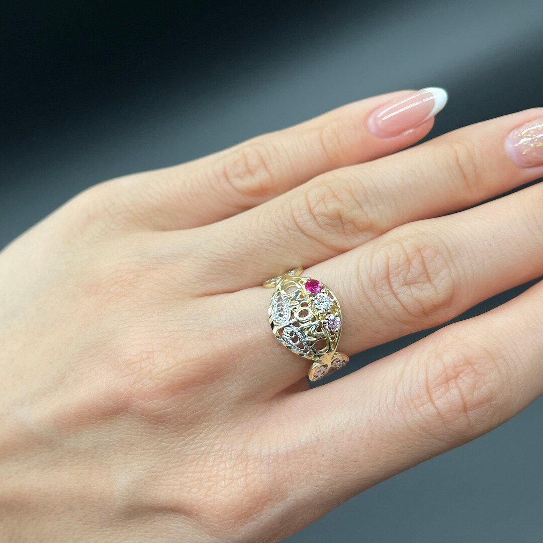 10K Gold Tri Gem Mom Ring CZ Three Color Stone Ring - Etsy