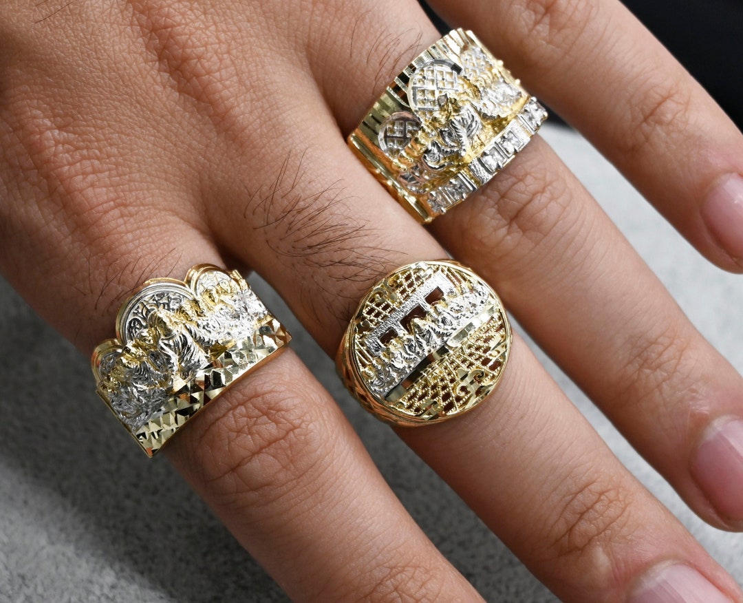 Real 10K Solid Gold Men's Diamond Cut Last Supper Ring Yellow and White ...