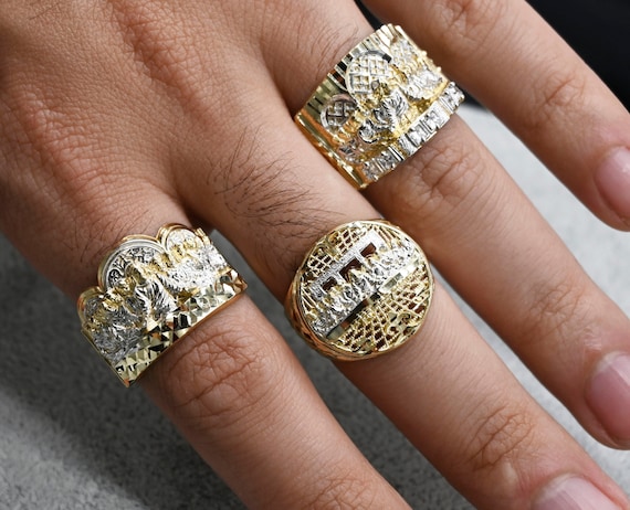 Real 10K Solid Gold Men s Diamond Cut Last Supper Ring Yellow and White Gold Large Men s Ring All Sizes 10K Solid Gold Ring Etsy