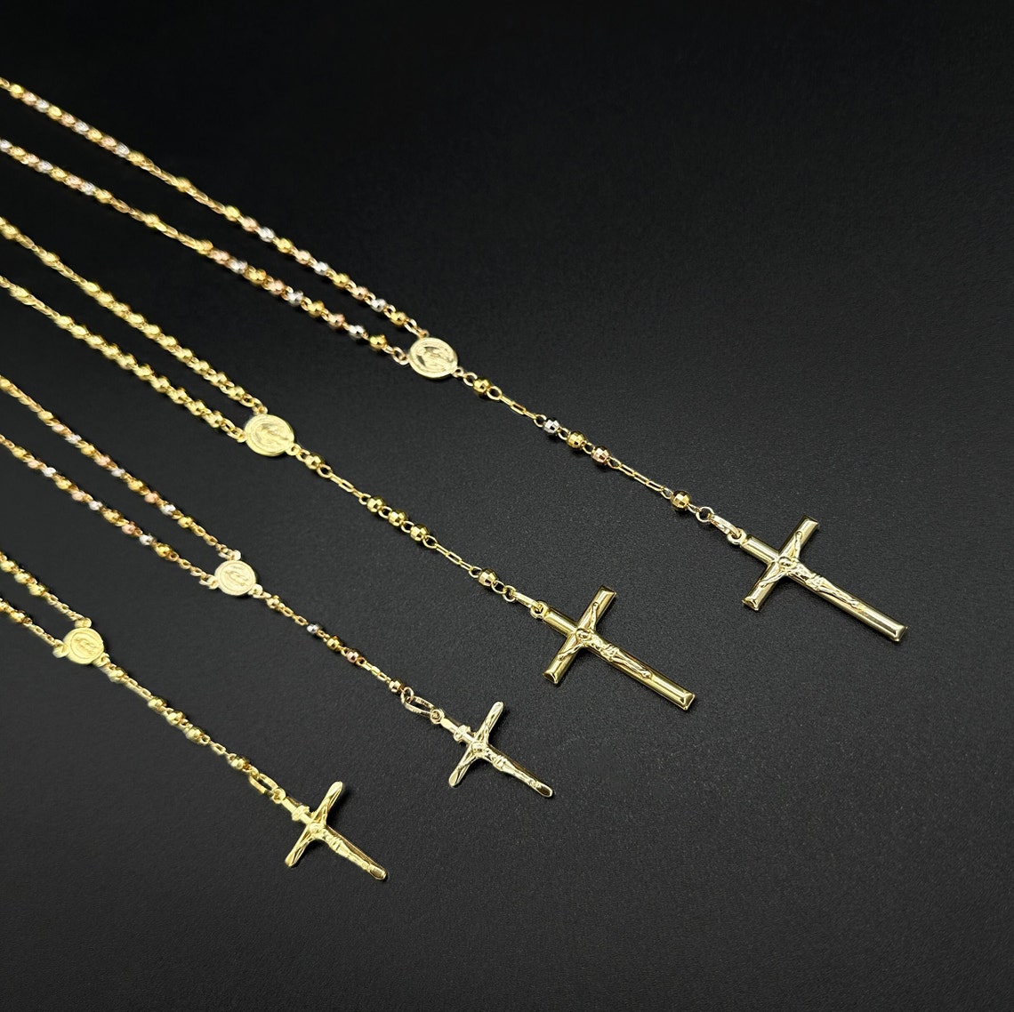 14K Solid Gold Rosary Beads Necklace Diamond Cut Cross - Etsy