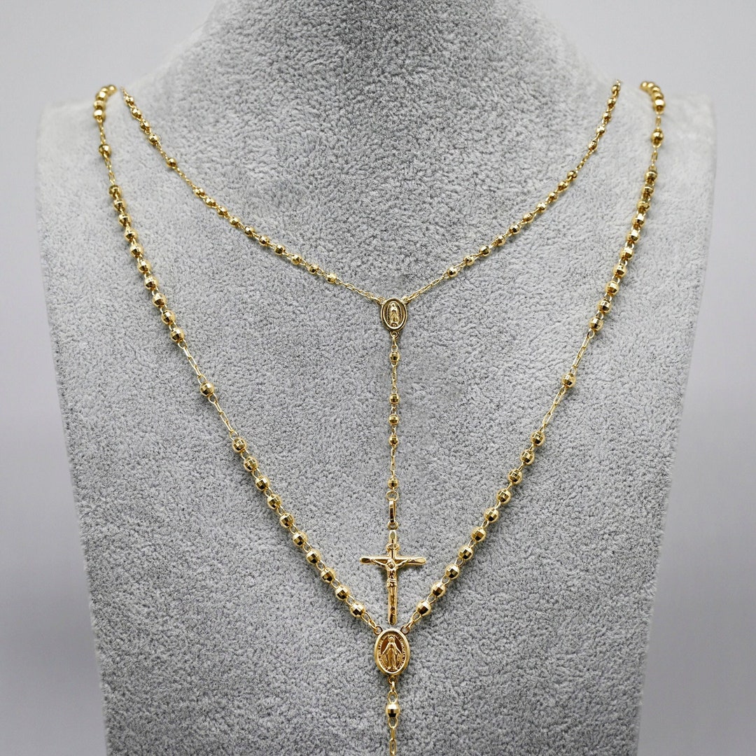 14K Solid Gold Rosary Beads Necklace Diamond Cut Cross Crucifix ...