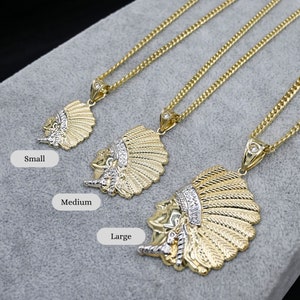 10K Gold Indian Chief Head Pendant Infantry Native American Necklace ...