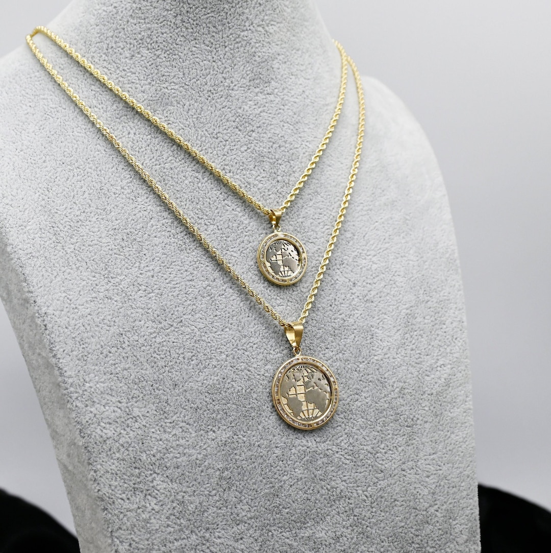 10K Gold World Map Pendant With Stone 28mm 36mm Earth Pendant & Chain ...