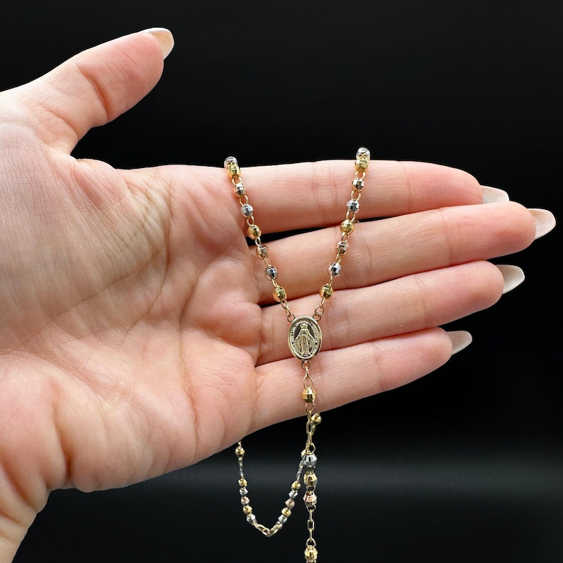 14K Solid Gold Rosary Beads Necklace Diamond Cut Cross Crucifix ...