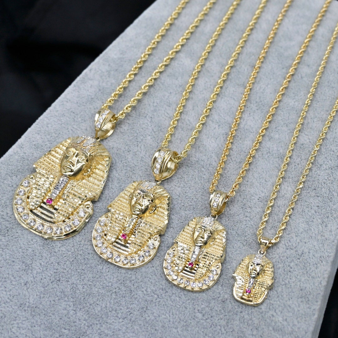 Real Solid 10K Gold Textured Pharaoh Egyptian King Pendant With CZ and ...