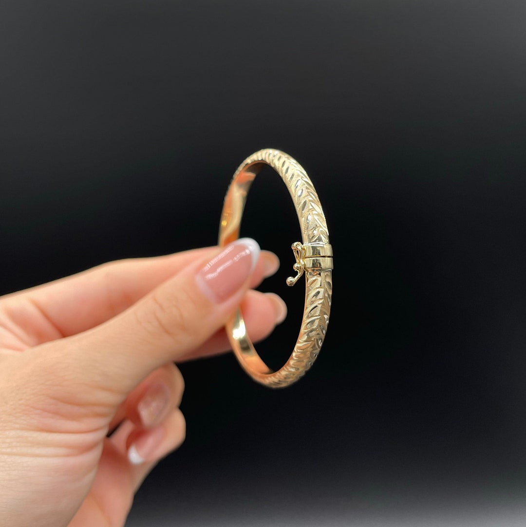 10K Solid Gold Leaf Bangle Bracelet Diamond Cut Textured Yellow Gold 5 ...
