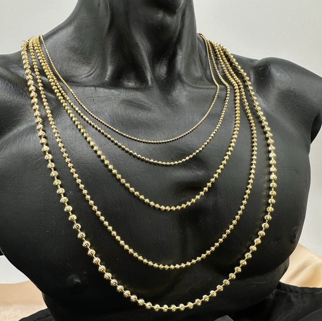 14K Solid Gold Beaded Necklace Bead Ball Chain Half Moon Beads Chain ...