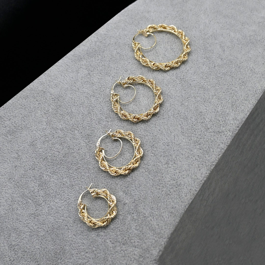 10K Gold Twisted Rope Chain Earrings Real Diamond-cut Rope Twist Design ...