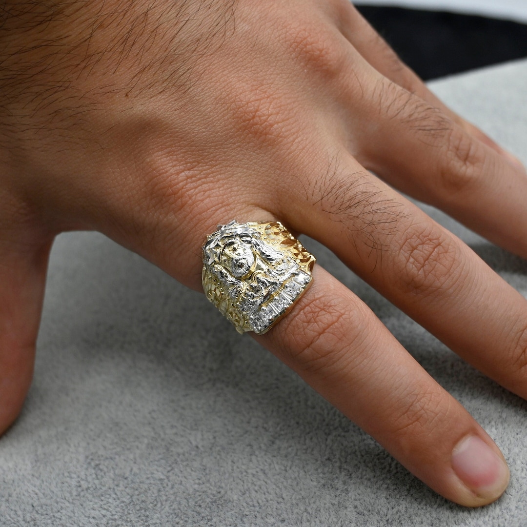 Real 10K Solid Gold Men's Jesus Head Nugget Ring CZ Real Solid 10K ...