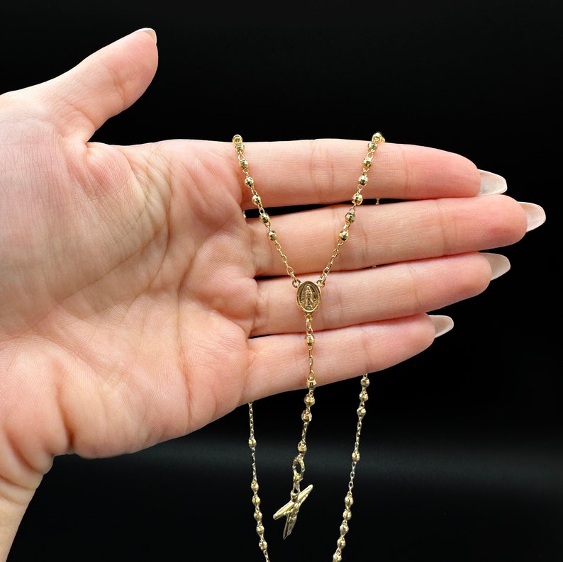 14K Solid Gold Rosary Beads Necklace Diamond Cut Cross - Etsy