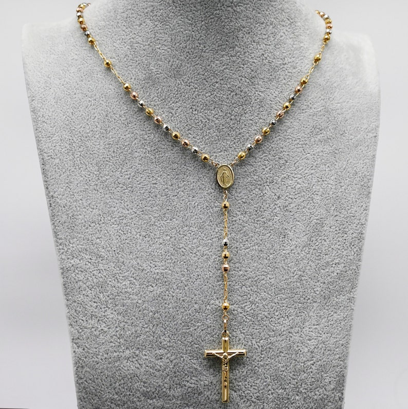 14K Solid Gold Rosary Necklace – Diamond Cut Cross Crucifix, Rosario - Etsy