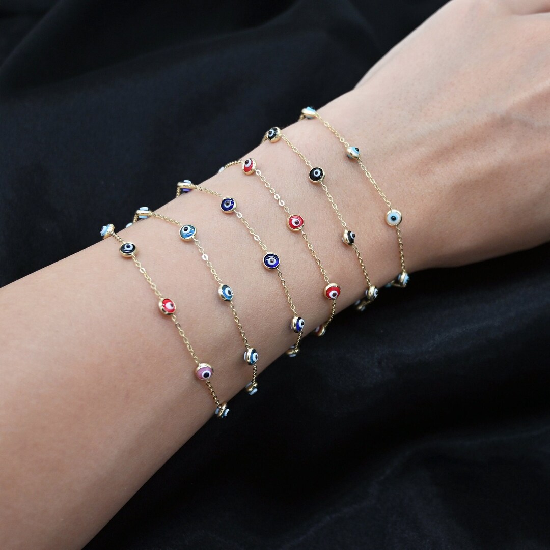14K Gold Evil Eye Bracelet 14K Gold Bracelet Good Luck Round Puffed Charm Bracelet Protection ...