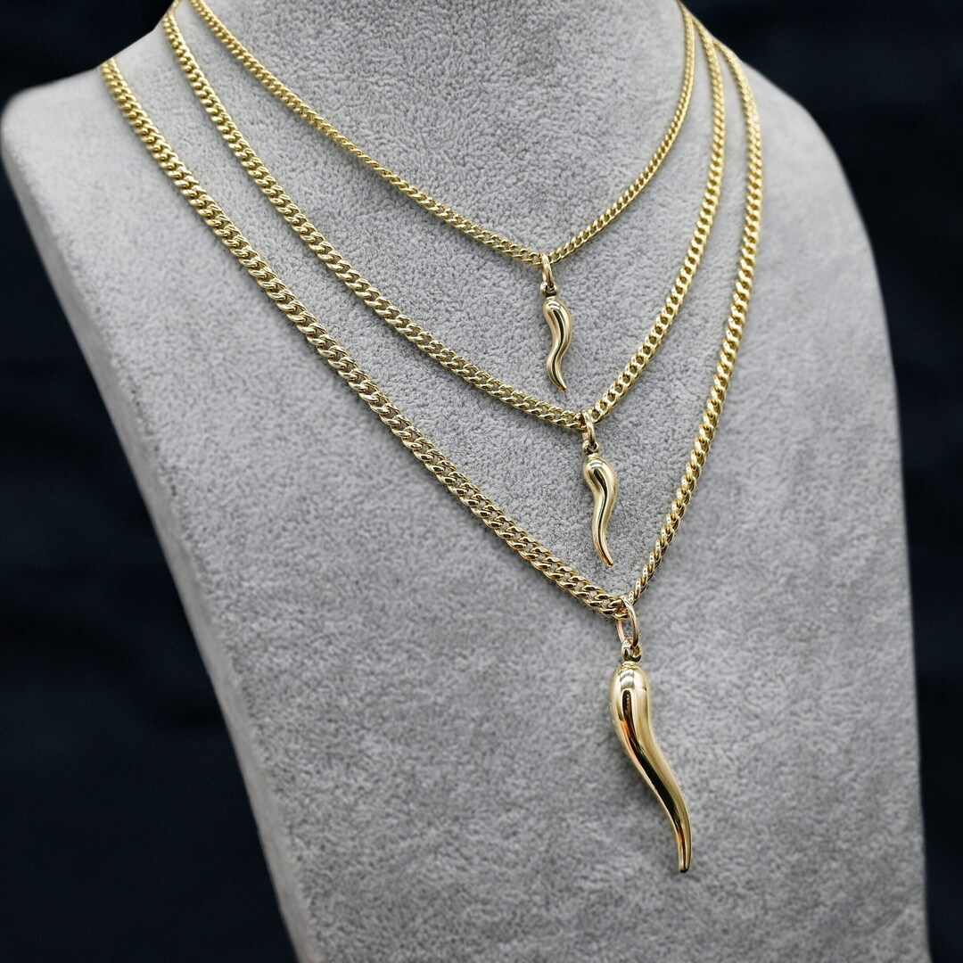 14K Gold Cornicello Italian Horn Necklace Pendant With 14K Miami Cuban ...