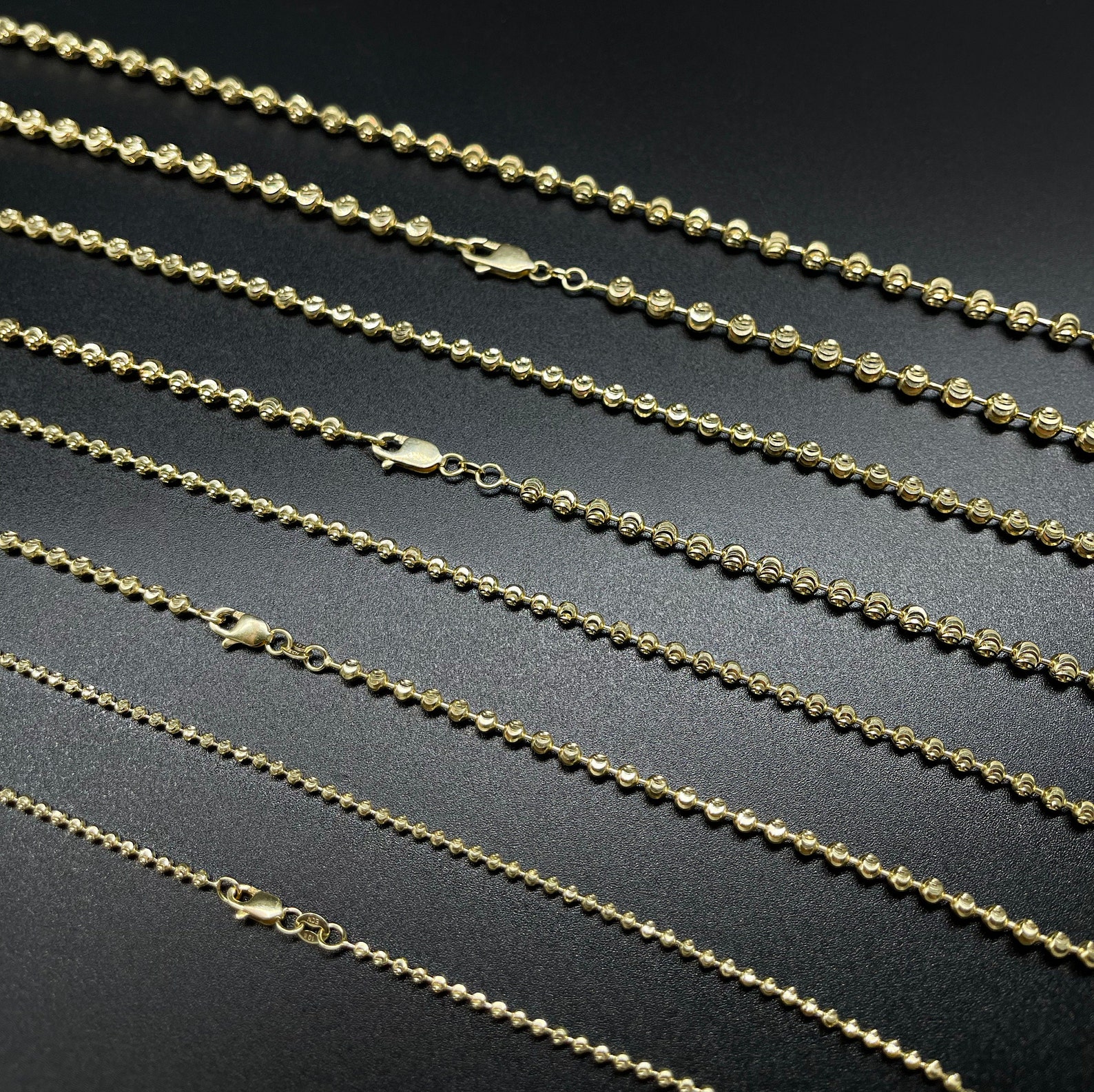 10K Real Solid Bead Ball Chain Necklace Gold Half Moon Beaded Chain ...