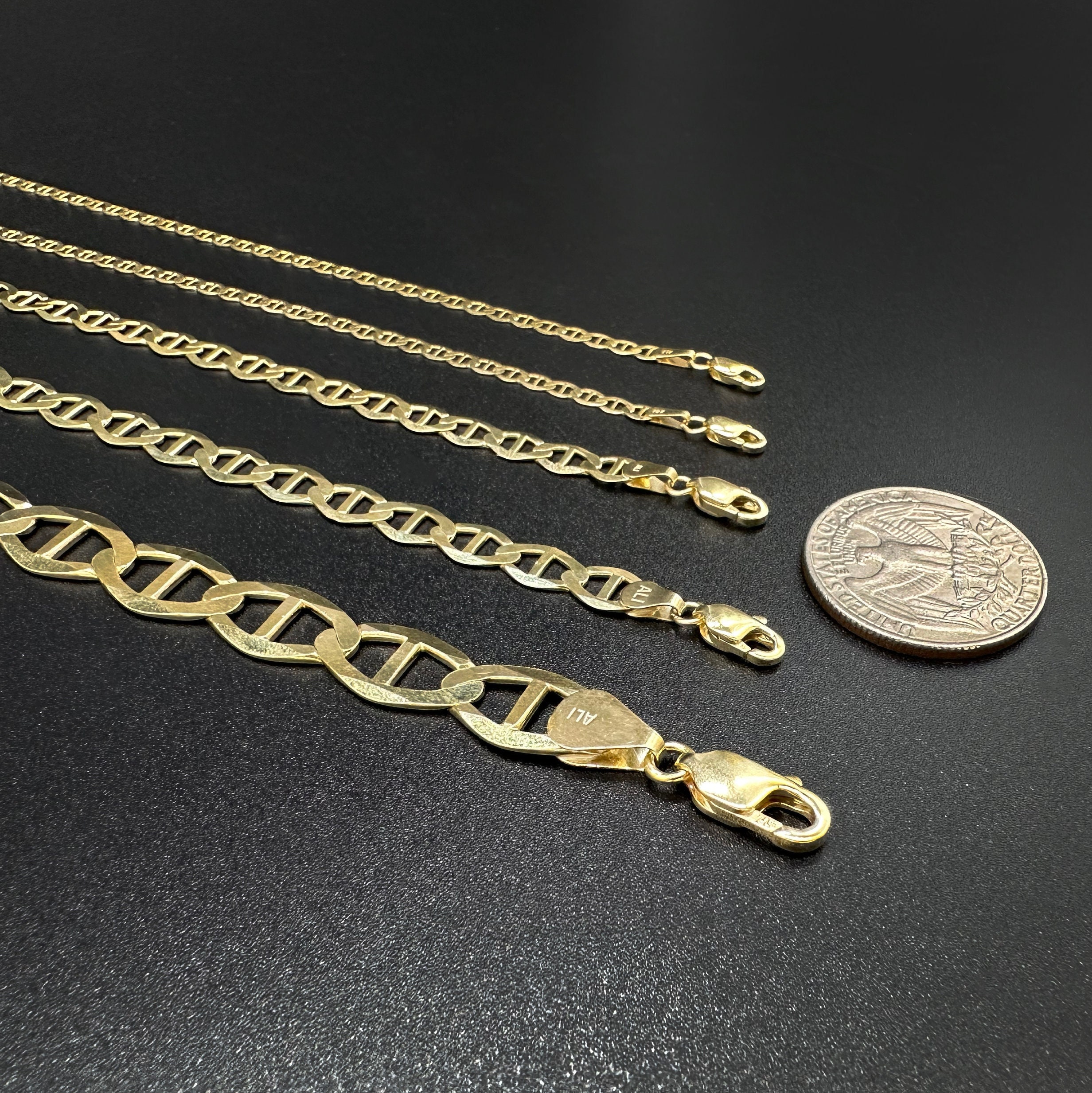 10K Solid Gold Mariner Link Chain Bracelet | Flat Anchor Bracelet Real ...