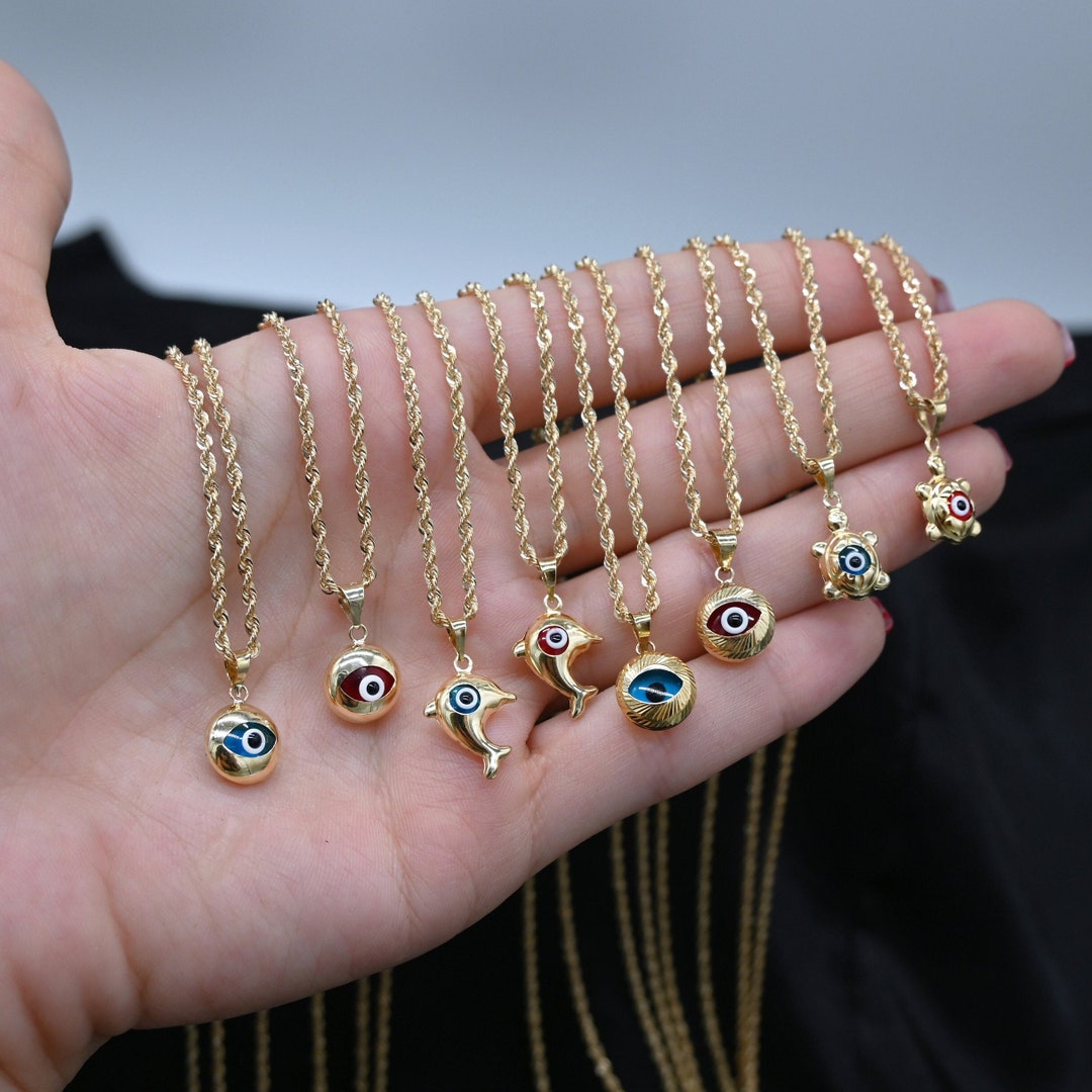 10K Gold Evil Eye Necklace Pendant With 10K Rope Chain Real 10K Yellow Gold Necklace | Women Men ...
