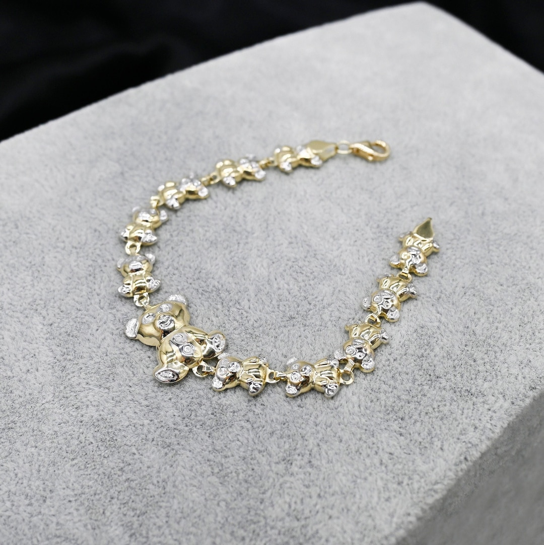 10K Gold Teddy Bear Bracelet | Diamond Cut Charm, 7.5" - Etsy