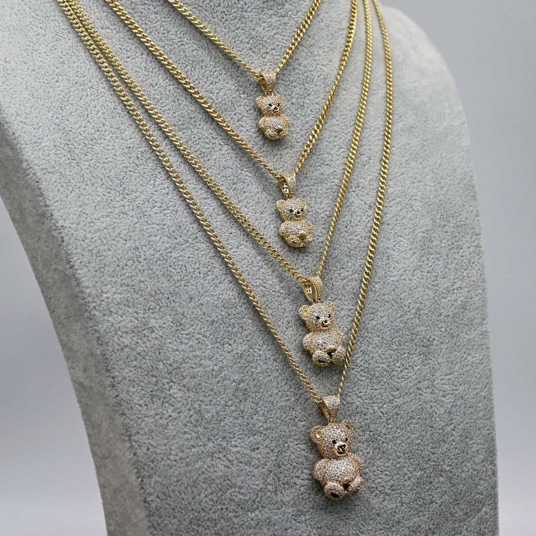 14K Gold Teddy Bear CZ Pendant Necklace, Miami Cuban Chain - Etsy