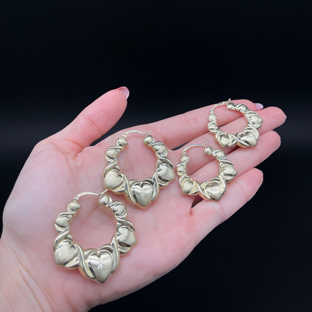 10K Yellow Gold Graduated Heart Hoop Earrings | Diamond Cut - Etsy