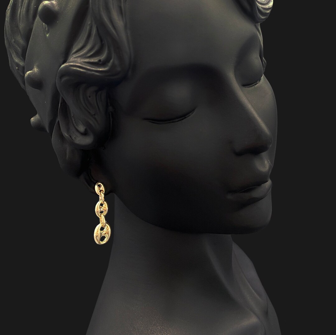 10K Gold Puffed Anchor Drop Earrings Mariner Chain Earrings Real 10K ...