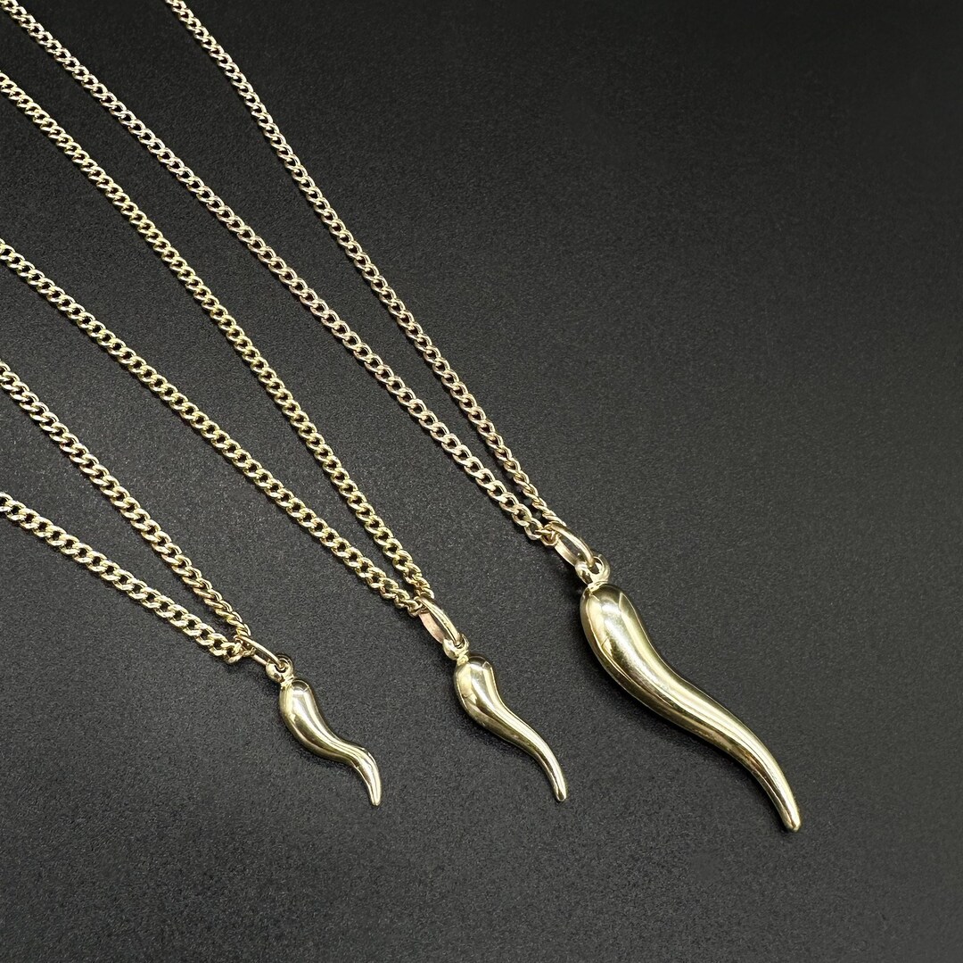 10K Gold Italian Horn Cornicello Pendant Necklace | Miami Cuban Chain ...
