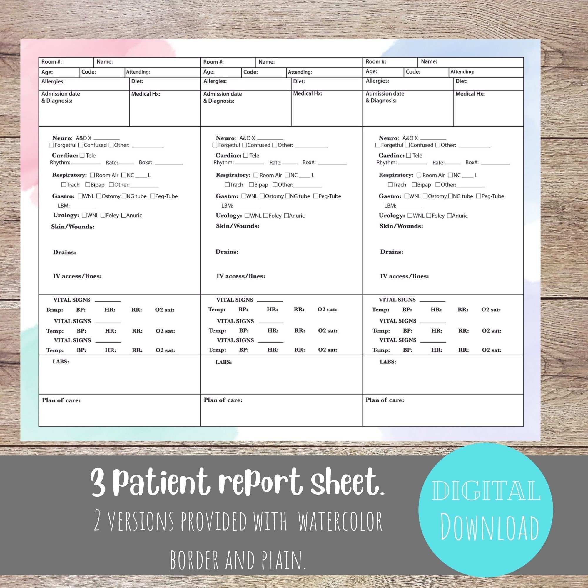 RN 3 Patient Report Sheet, 3 or 6 Patients - Etsy
