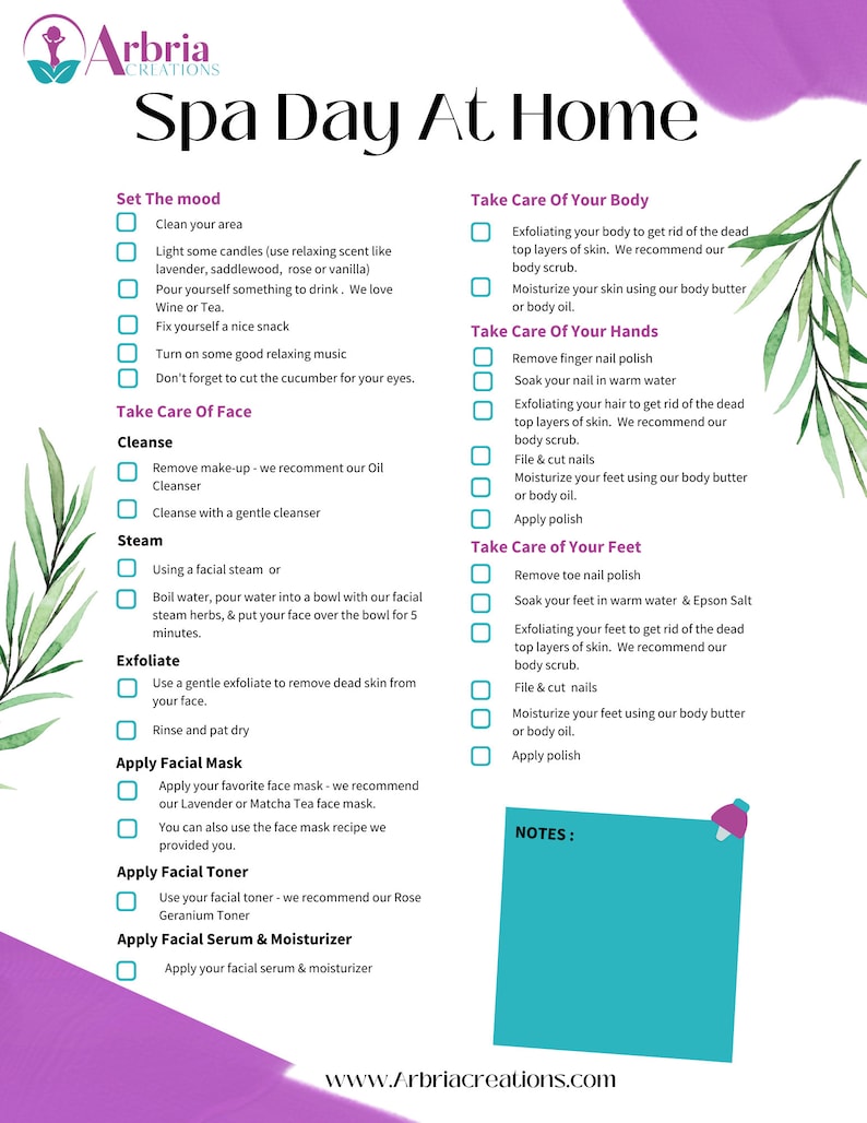 Spa Day At Home Checklist Diy Spa Day Etsy