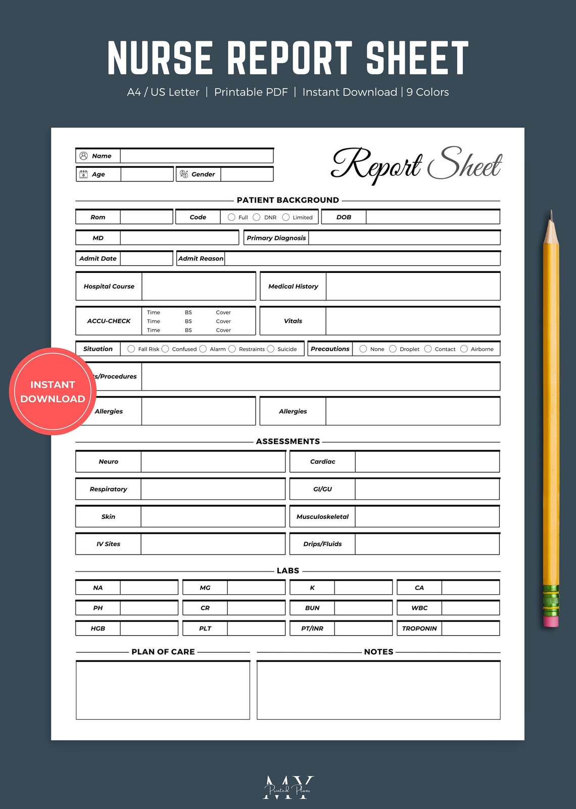 Nurse Report Sheet ICU, Nursing Report Sheet Printable, Patient Care ...