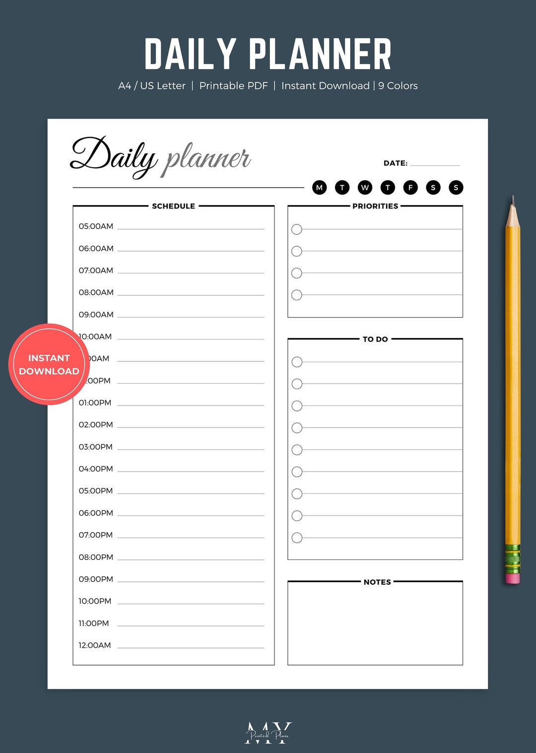 Daily Planner Printable, Minimalist Day Planner Template, 24 Hour ...