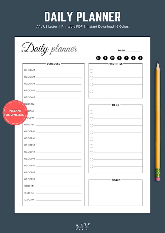 Daily Planner Printable Minimalist Day Planner Template 24 | Etsy