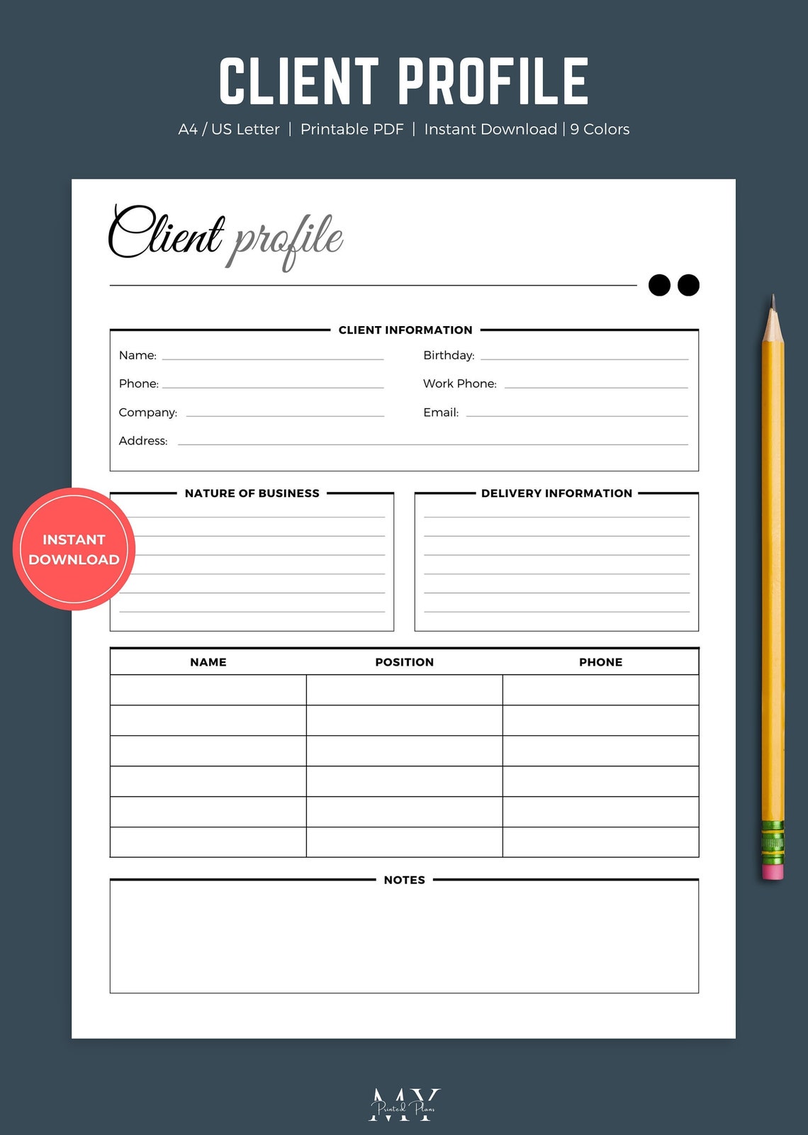 Client Profile Template Printable, Client Information Form, B2B ...