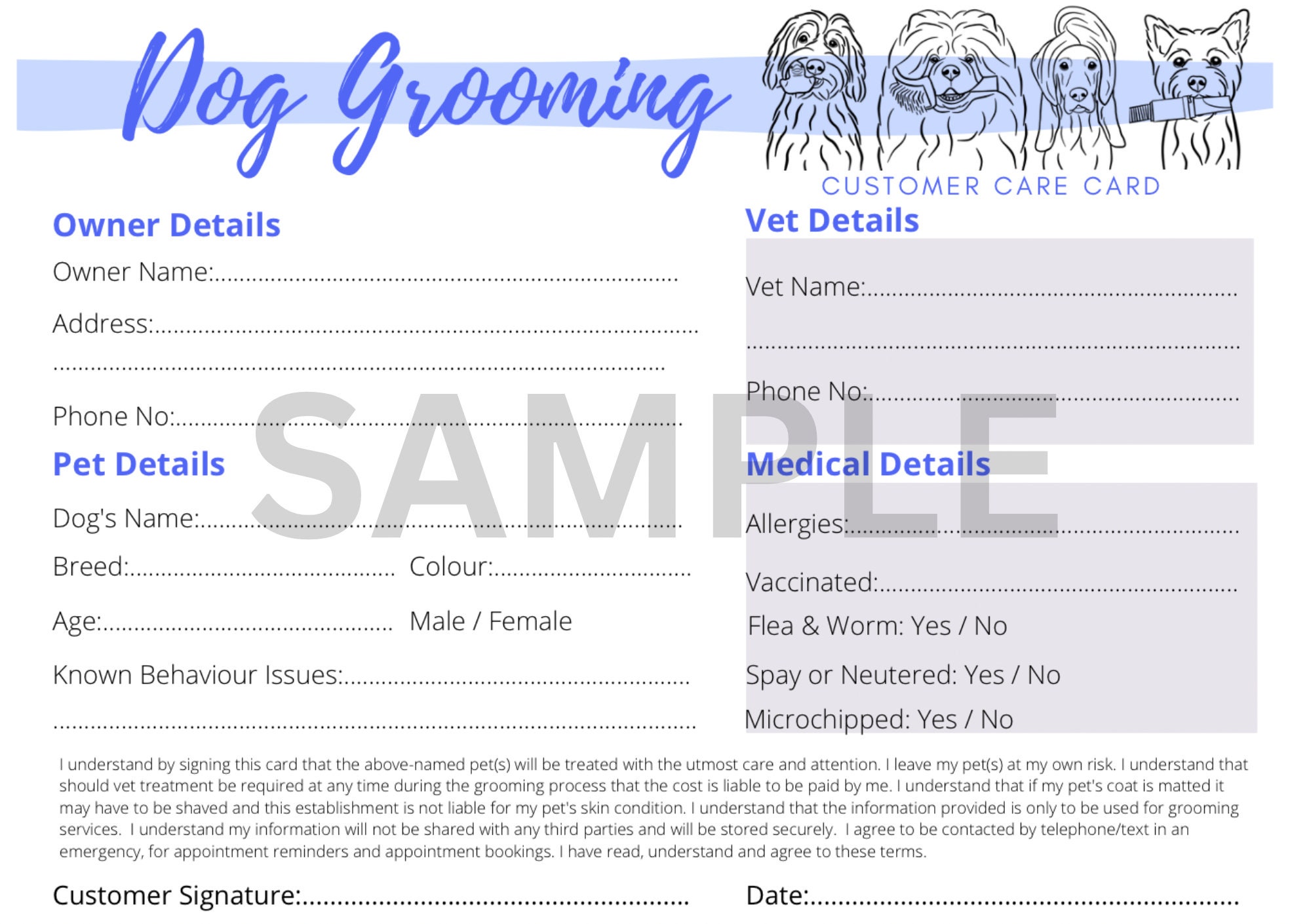 Dog Grooming Record Card PDF Client Digital Download Template A4 A5 ...