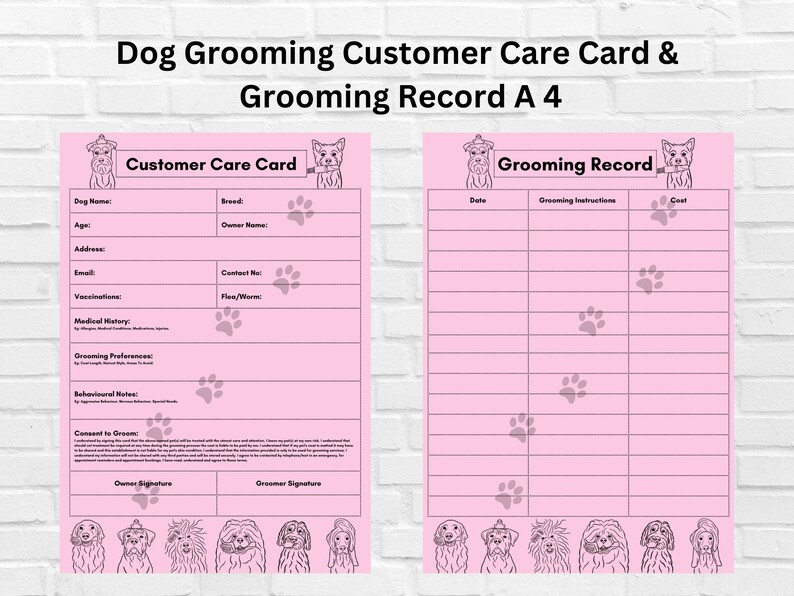 Dog Grooming Form Record Card A4 PDF Pink Client Digital Download ...
