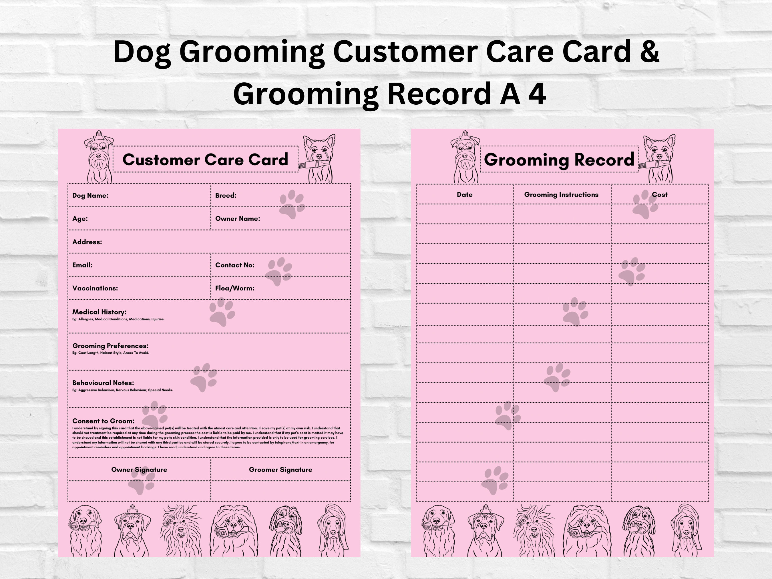 Dog Grooming Form Record Card A4 PDF Pink Client Digital Download ...