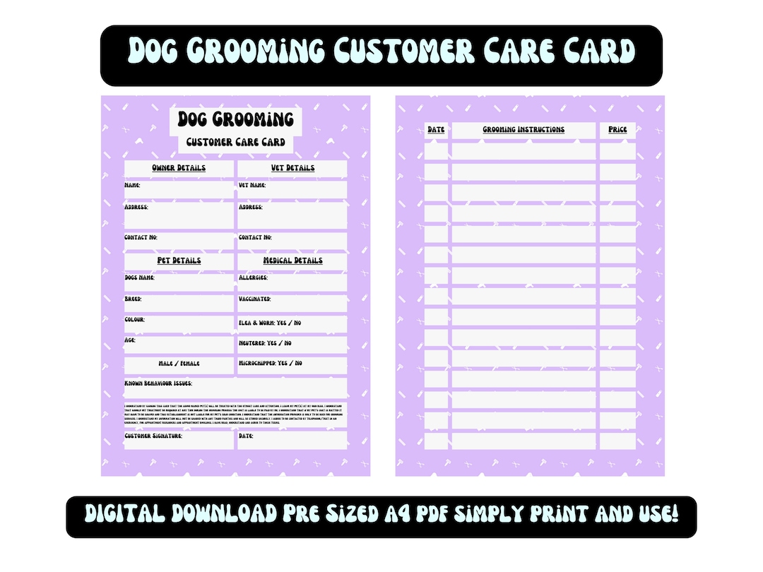 Dog Grooming Form Record Card A4 PDF Purple Client Digital Download ...