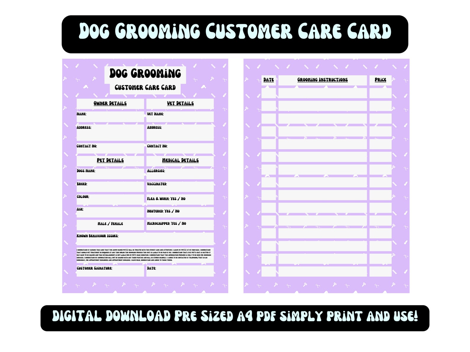 Dog Grooming Form Record Card A4 PDF Purple Client Digital Download ...
