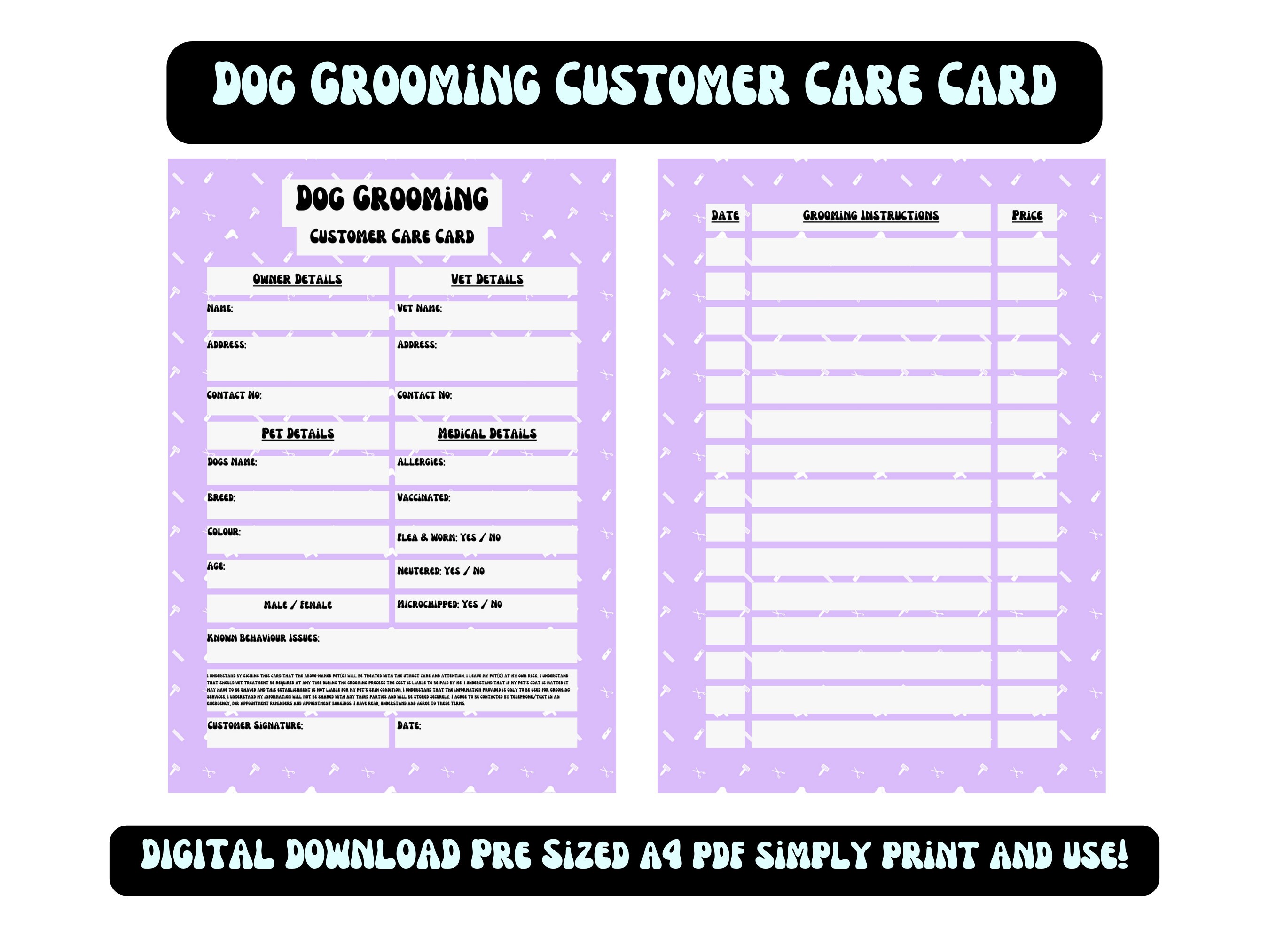 Dog Grooming Form Record Card A4 PDF Purple Client Digital Download ...