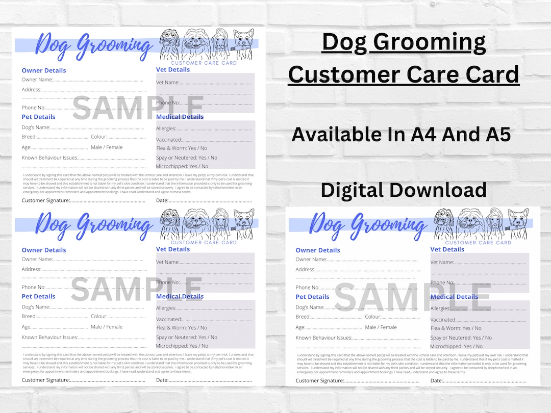 Dog Grooming Record Card PDF Client Digital Download Template A4 A5 ...