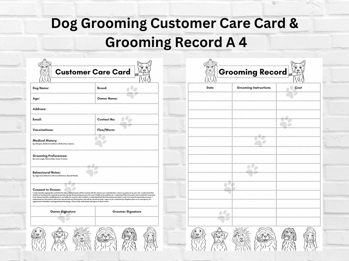 Dog Grooming Form Record Card A4 PDF Black White Client Digital ...