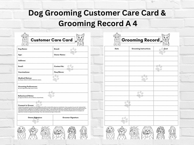 Dog Grooming Form Record Card A4 PDF Black White Client Digital ...