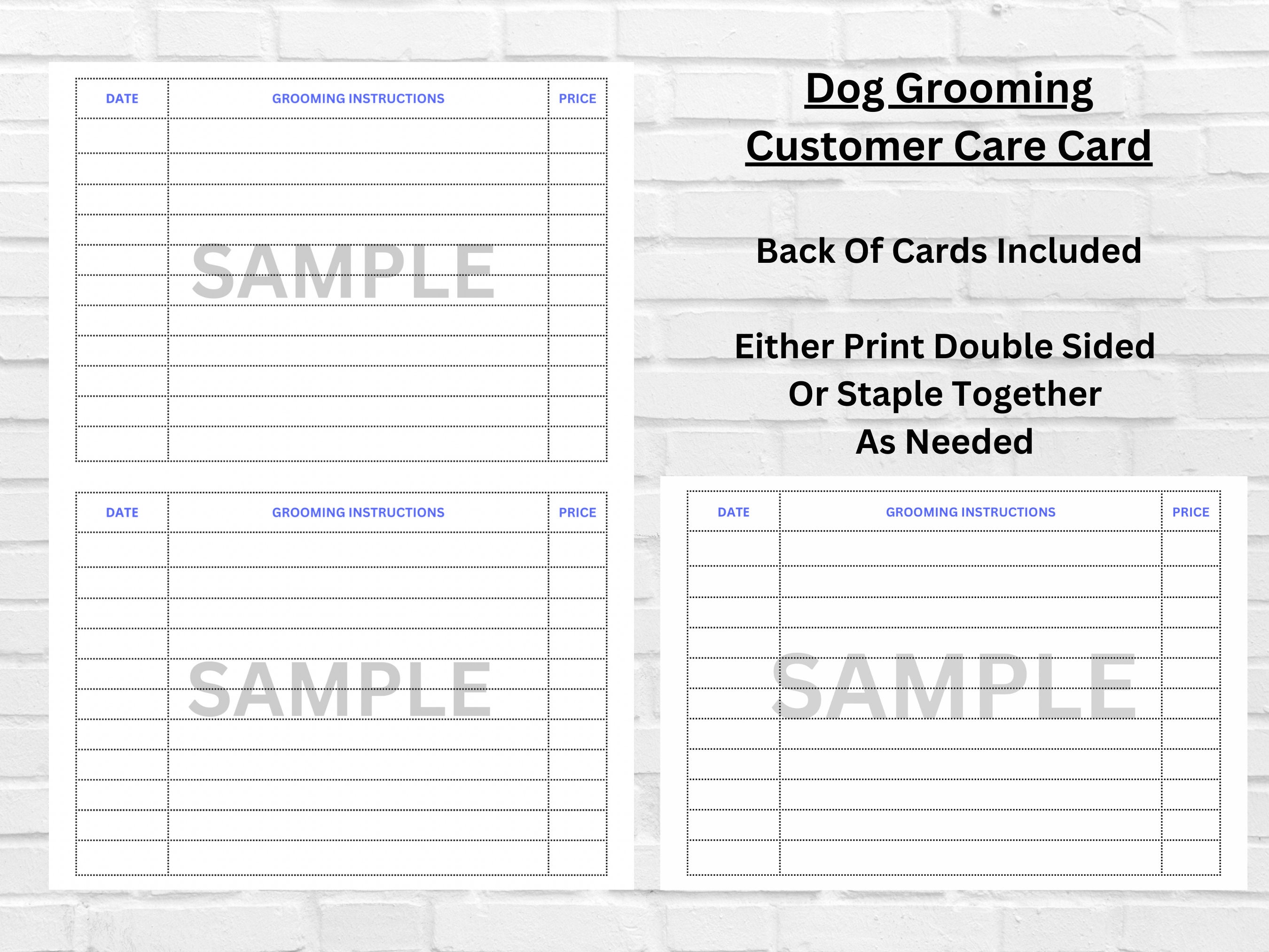 Dog Grooming Record Card PDF Client Digital Download Template A4 A5 ...