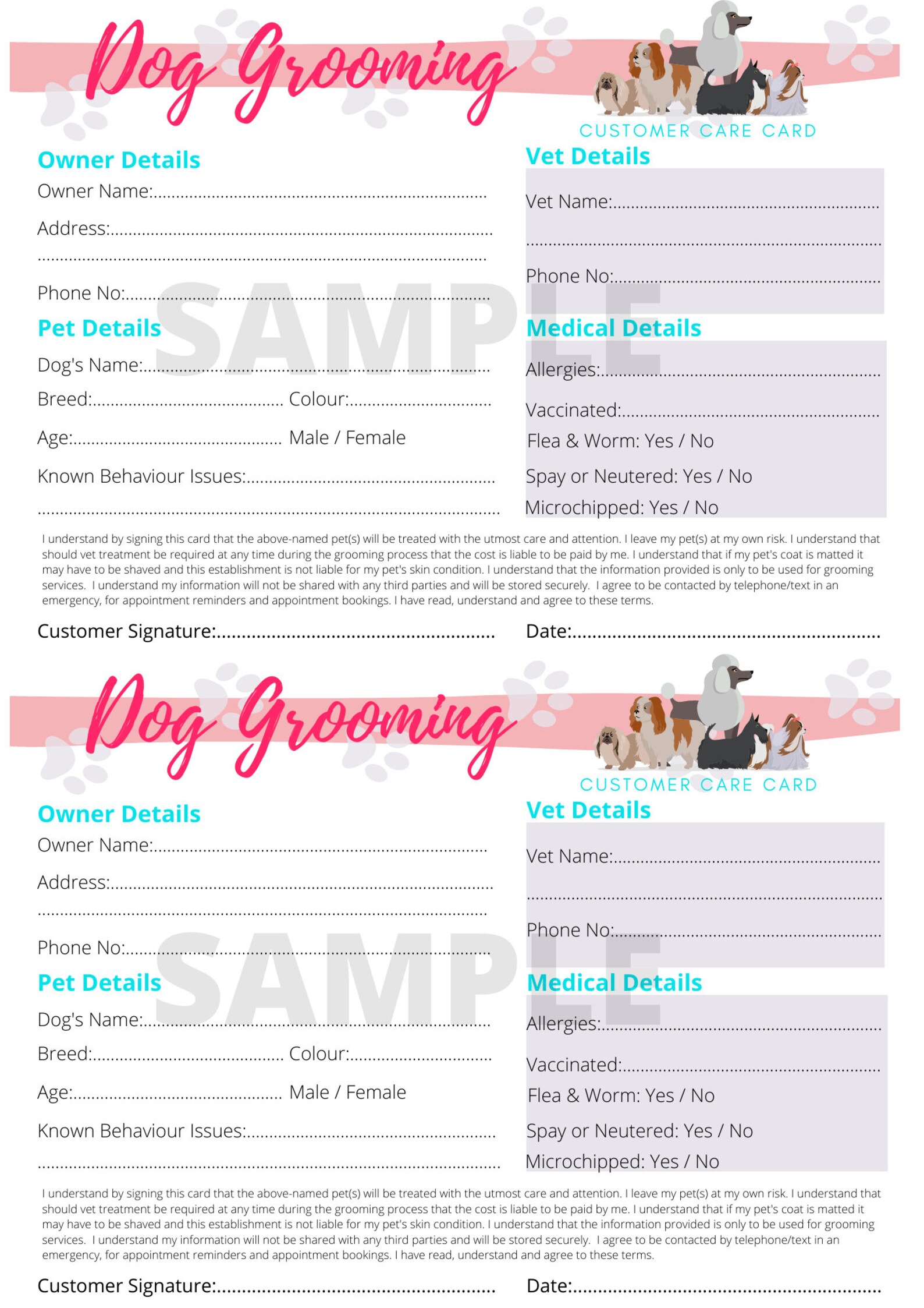 Dog Grooming Record Card PDF Client Digital Download Template - Etsy