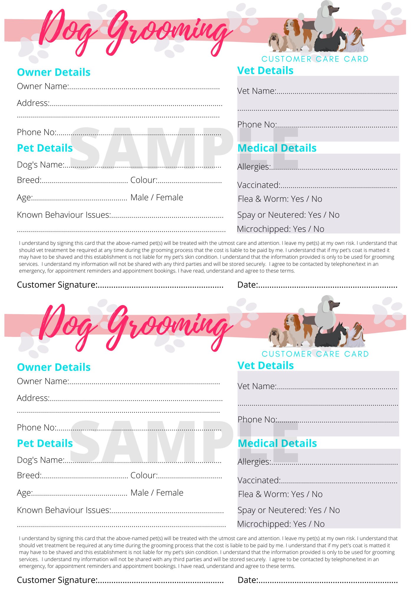 Dog Grooming Record Card PDF Client Digital Download Template - Etsy