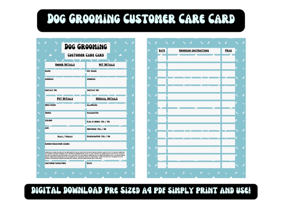 Dog Grooming Form Record Card A4 PDF Green Blue Client Digital Download ...