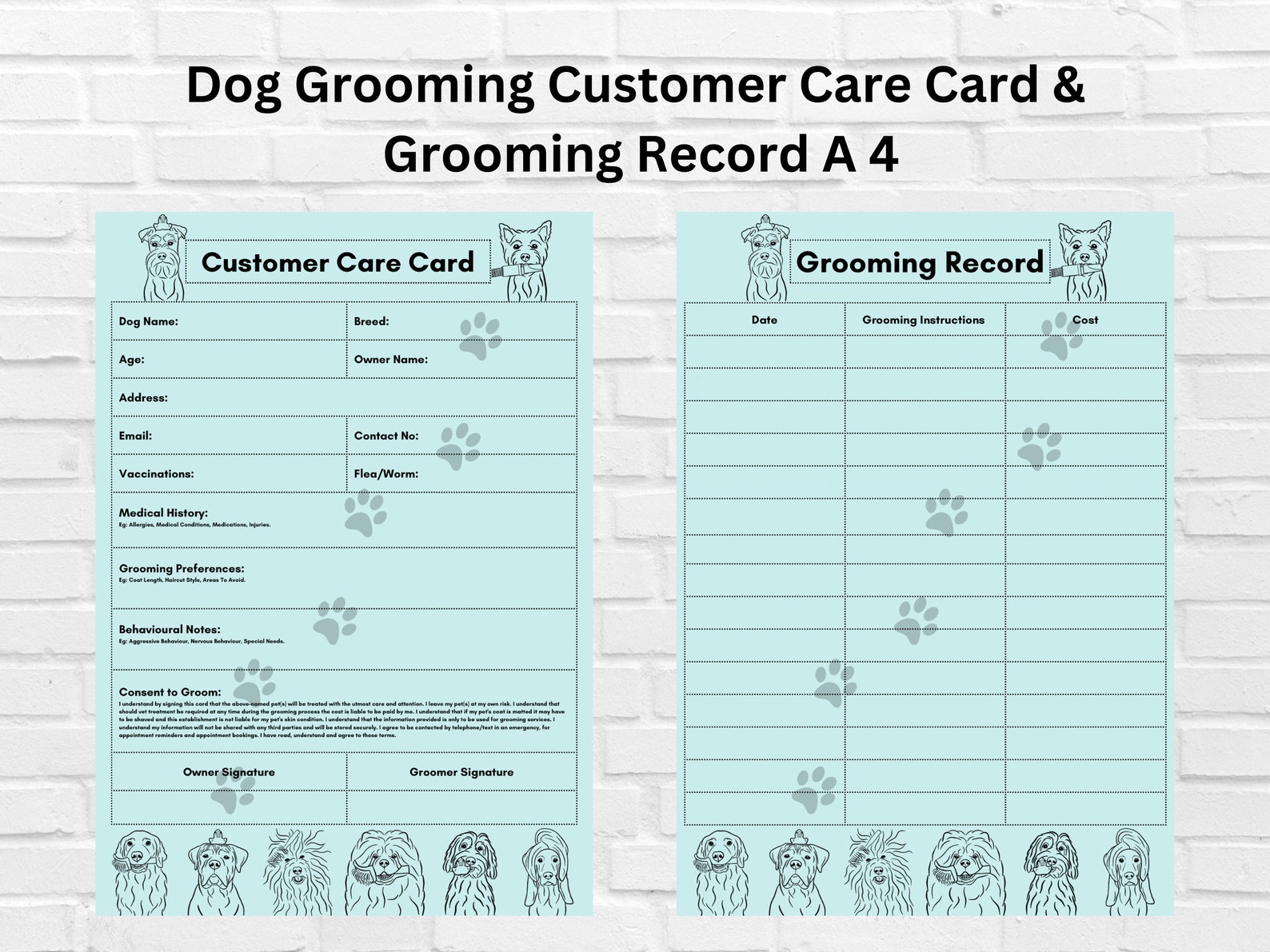 Dog Grooming Form Record Card A4 PDF Green Client Digital Download ...
