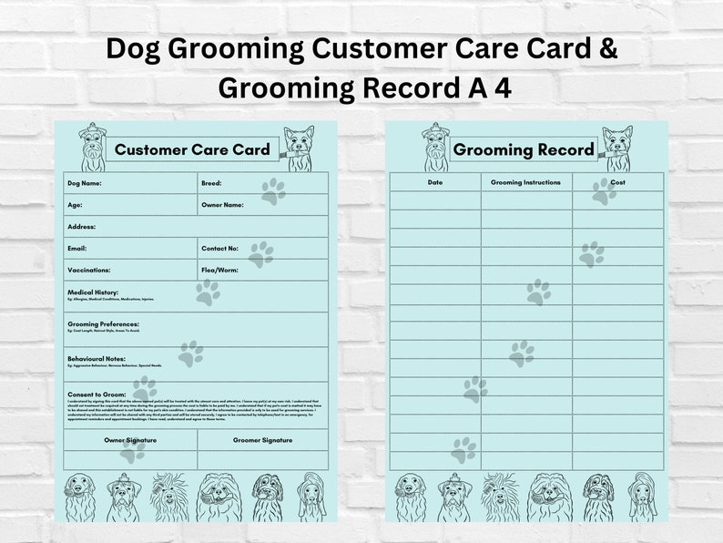 Dog Grooming Form Record Card A4 PDF Green Client Digital Download ...
