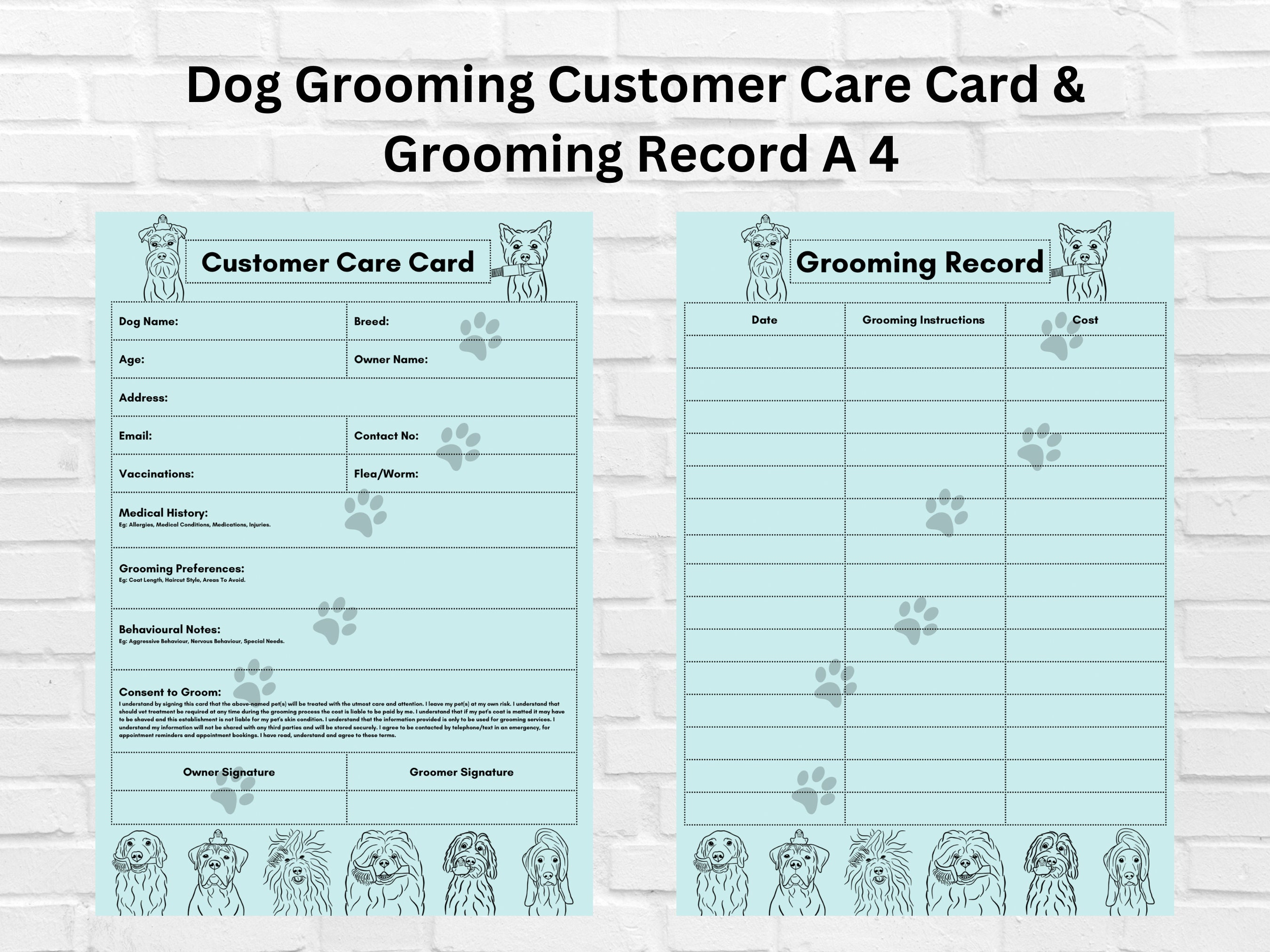 Dog Grooming Form Record Card A4 PDF Green Client Digital Download ...