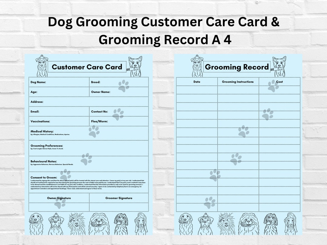 Dog Grooming Form Record Card A4 PDF Blue Client Digital Download ...