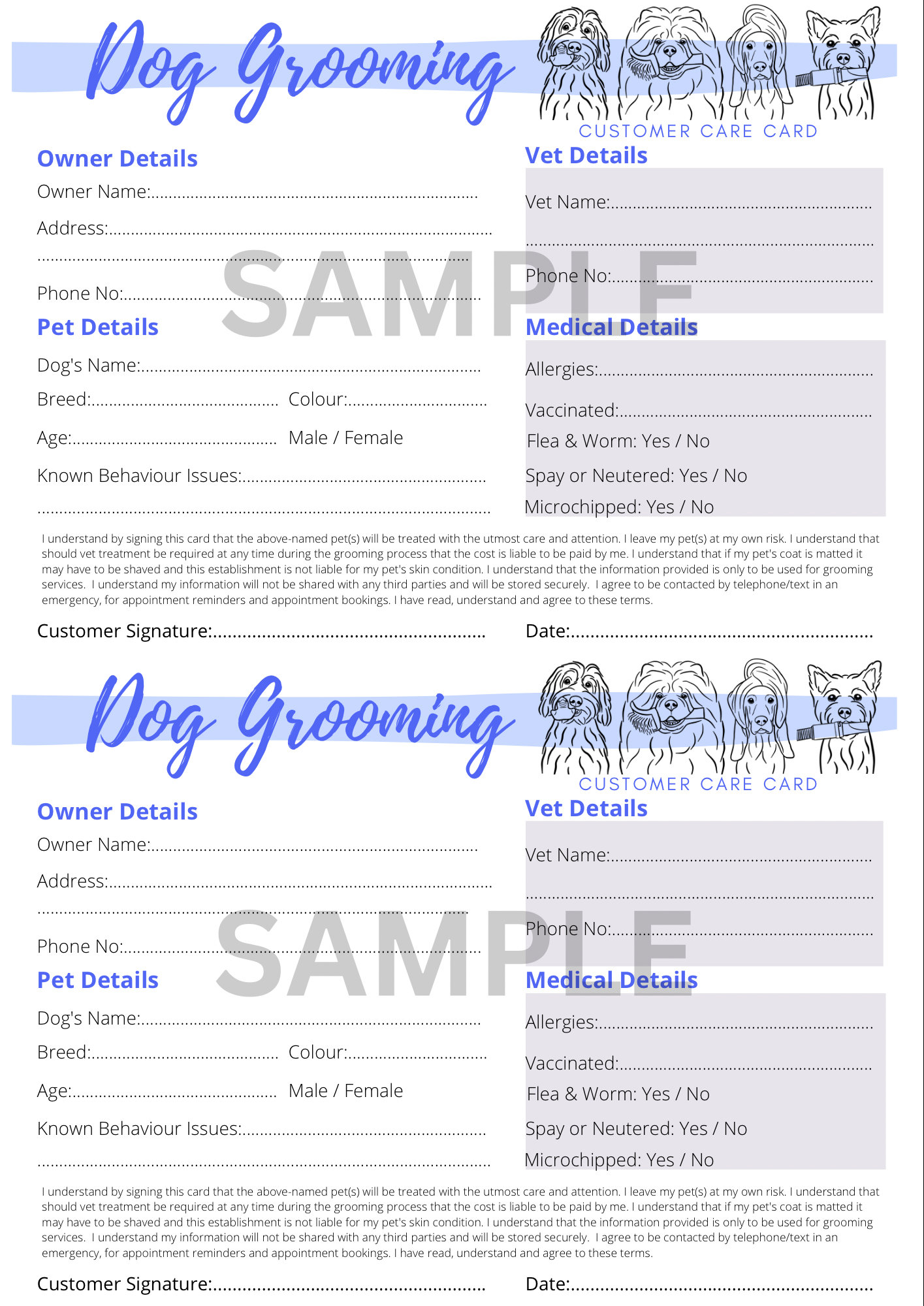 Dog Grooming Record Card PDF Client Digital Download Template A4 A5 ...